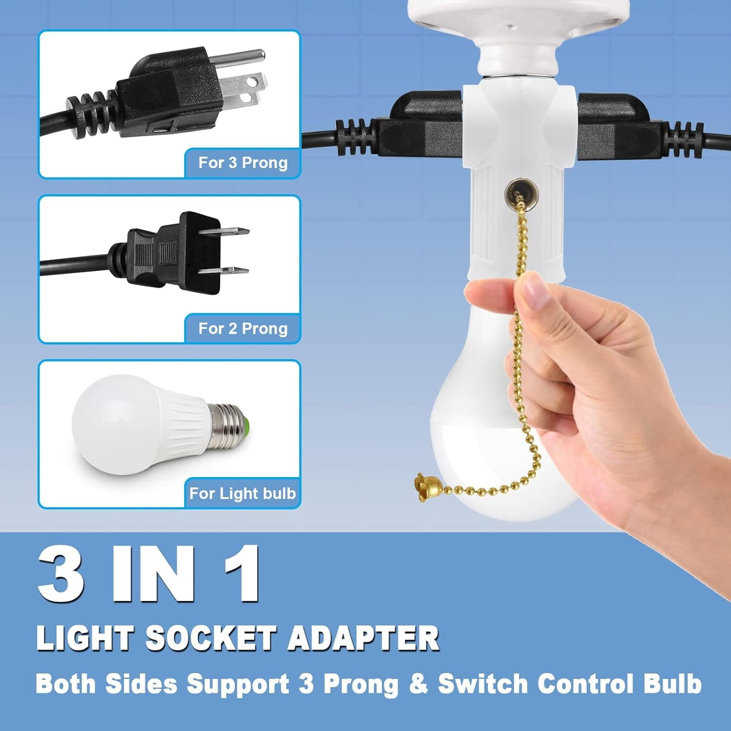QYUN-3 Packs Light Socket to Plug Adapter, Both Sides 3 Prong Light ...
