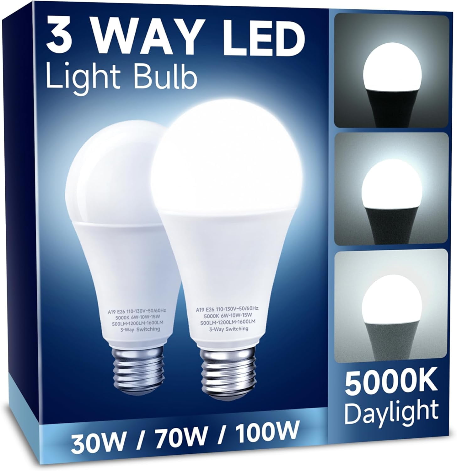 QYUN-3 Way Led Light Bulbs, 30/70/100W Equivalent, Daylight White 5000K, A19 Three Way Light ...