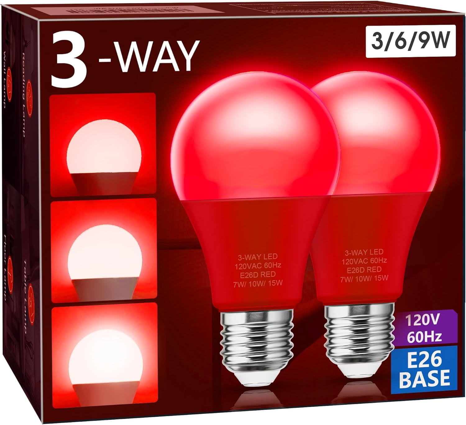 QYUN-3 Way Red Light Bulbs, 3 Way Led Light Bulbs 30 70 100W Equivalent, Red 3 Way Light Bulbs ...
