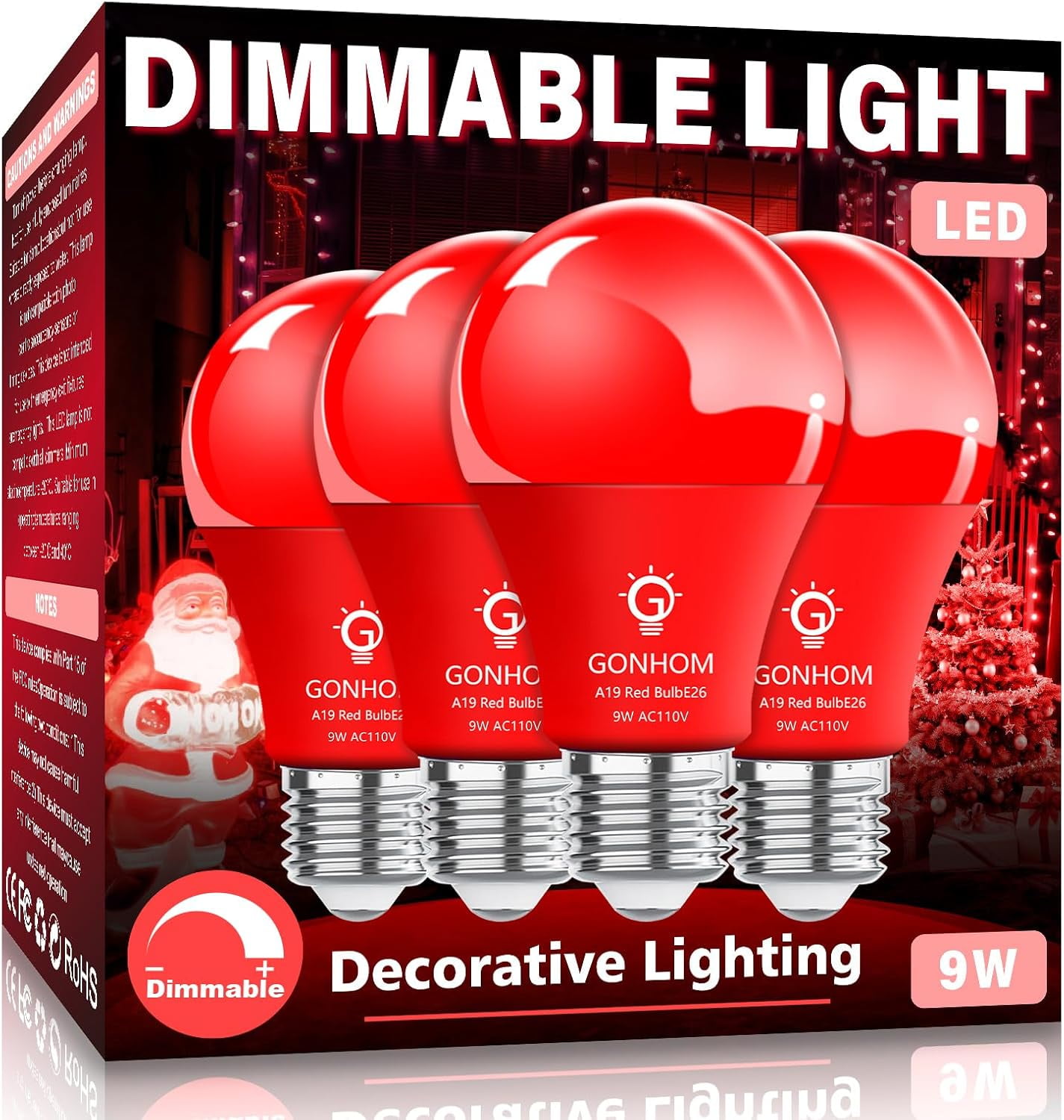 QYUN-4 Pack A19 Led Red Light Bulb, 9 Watt (100W Equivalent), E26 Base ...