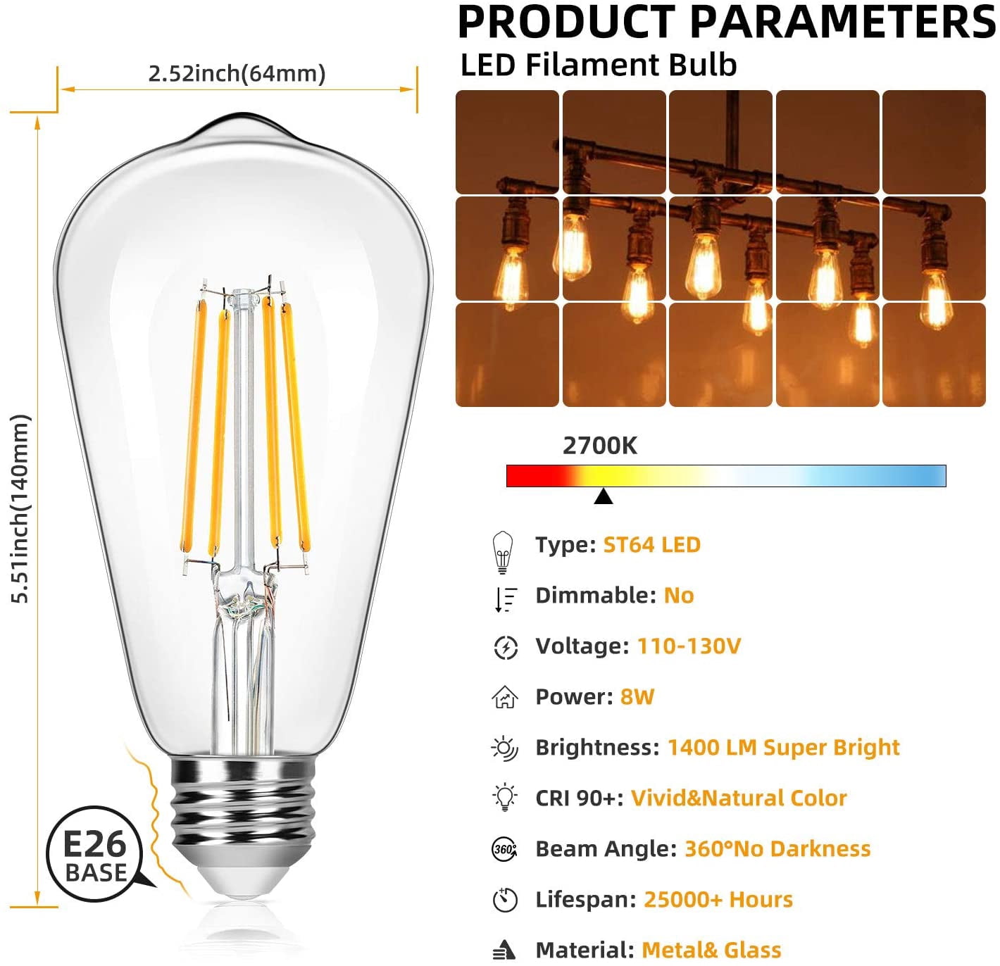 QYUN-4-Pack Vintage 8W ST64 LED Edison Light Bulbs 100W Equivalent ...