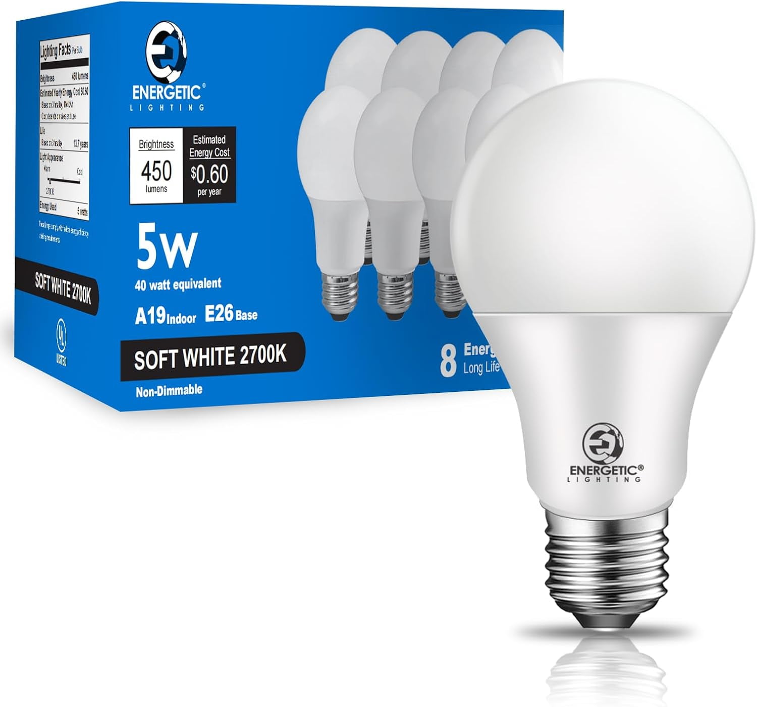 QYUN-40W Equivalent A19 Led Light Bulb, Soft White 2700K, E26 Standard Base, Ul Listed, 5W 450Lm ...