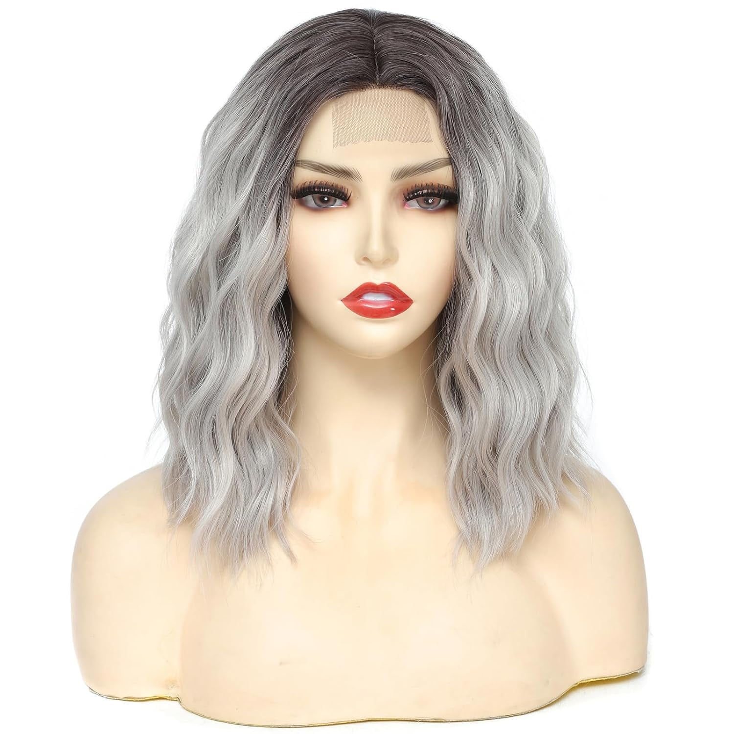 FGERFE-Wavy Bob Wig Natural Wig Ombre Grey Synthetic Hair Shoulder ...