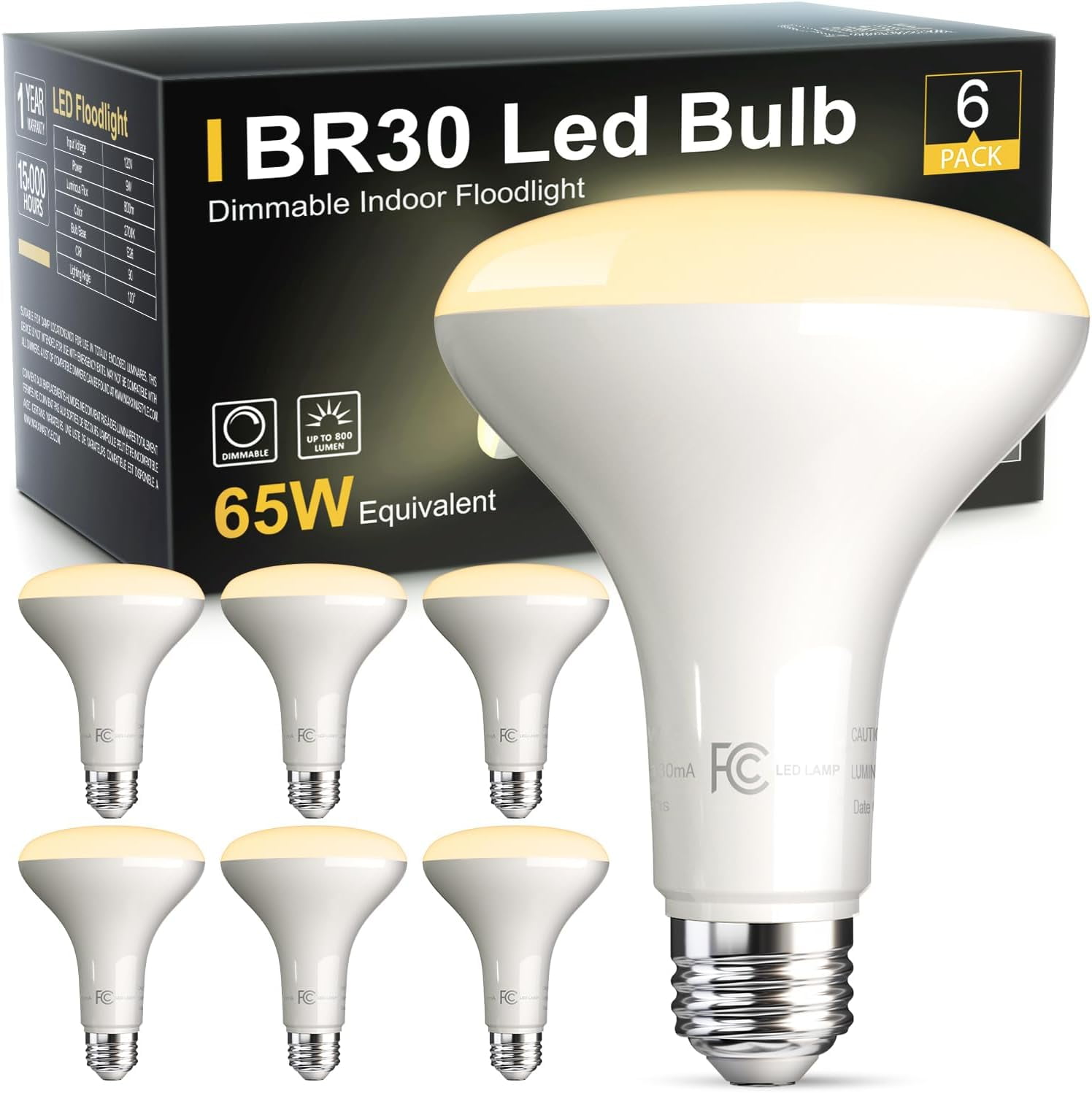 QYUN-6 Pack Br30 Led Bulb 65W Equivalent, Dimmable Led Flood Light Indoor, E26 Base, 2700K Warm ...
