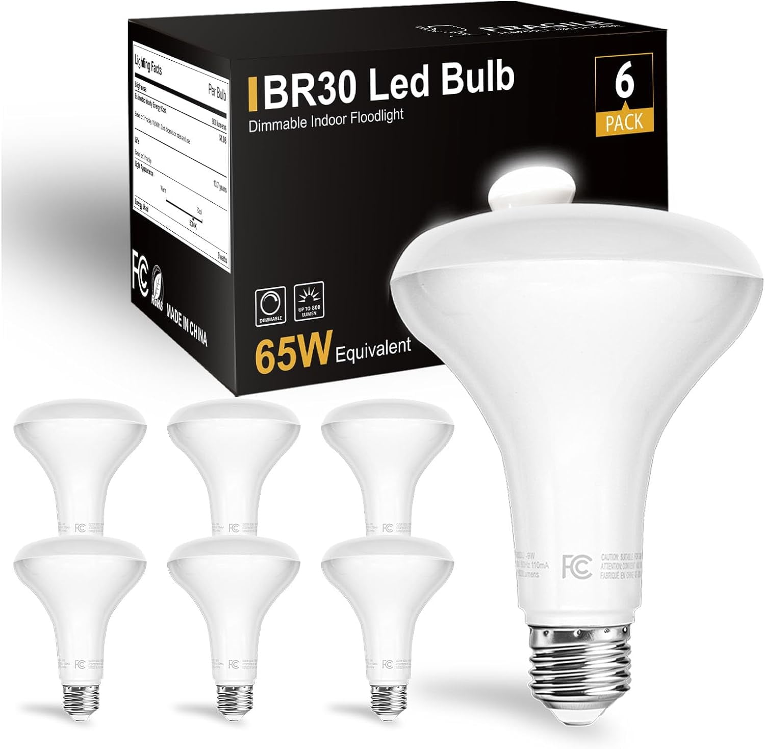 QYUN-6 Pack Br30 Led Bulbs 65W Equivalent, Dimmable Indoor Flood Lights 5000K Daylight White, 9W ...