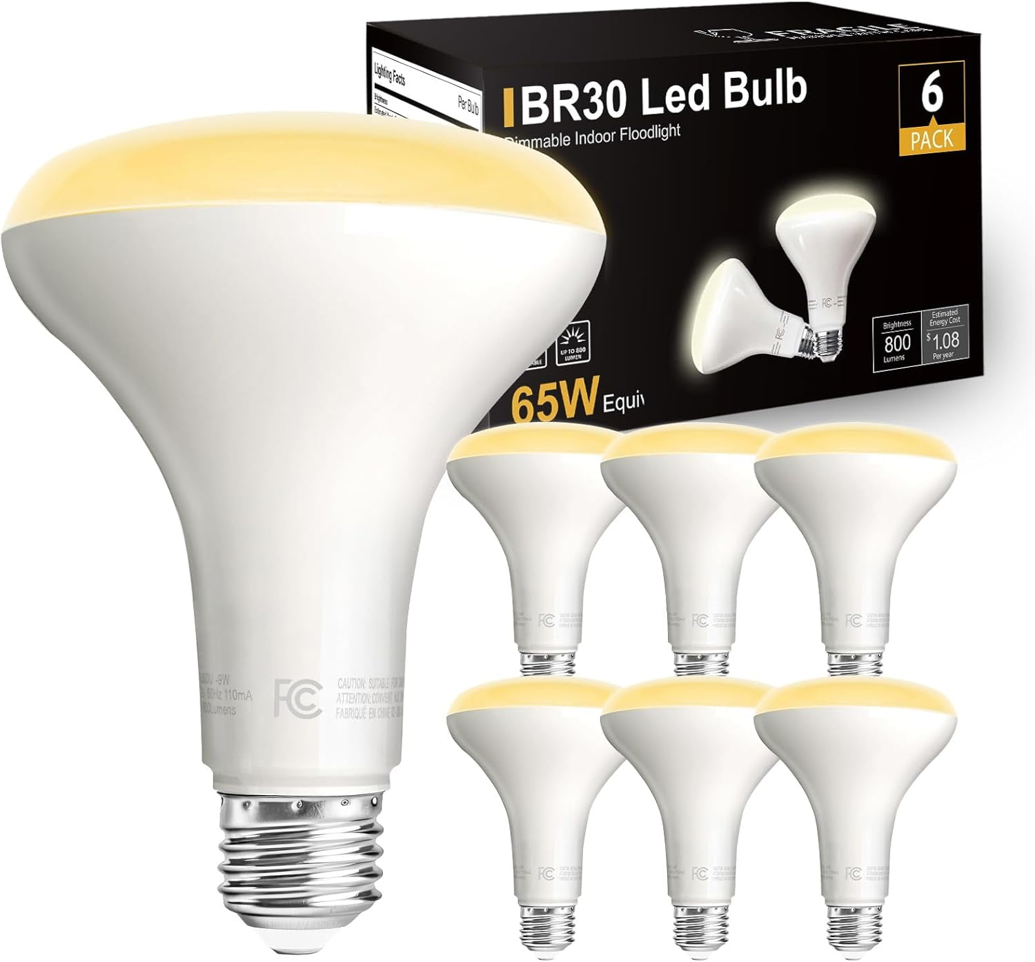 QYUN-6 Pack Br30 Led Bulbs 65W Equivalent, Dimmable Indoor Flood Lights ...