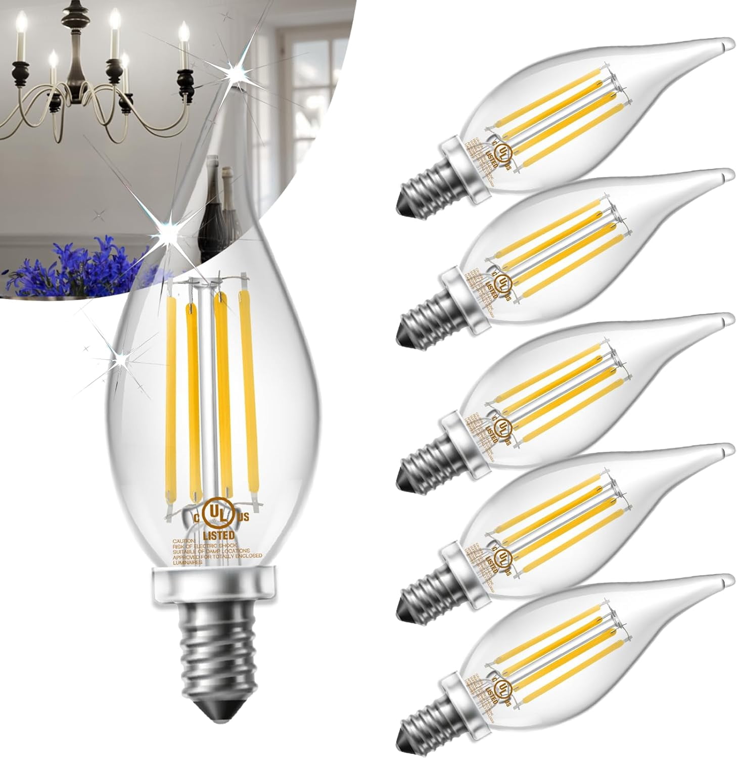 QYUN-6 Pack Dimmable Candelabra Light Bulbs, Flame Tip Vintage Led ...