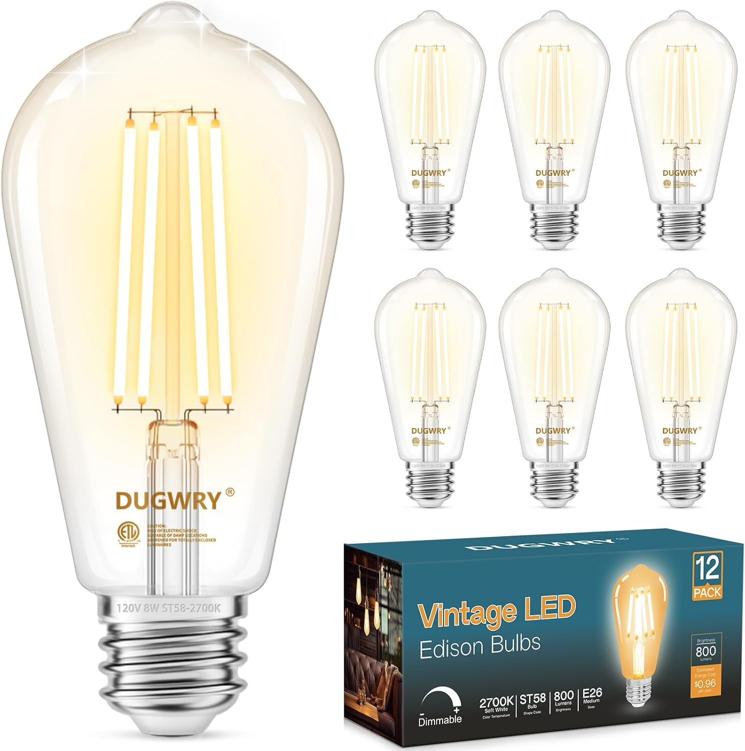 QYUN-6 Pack Vintage Led Edison Bulbs, Dimmable E26 Led Bulb Equivalent 60W, 2700K Warm White ...