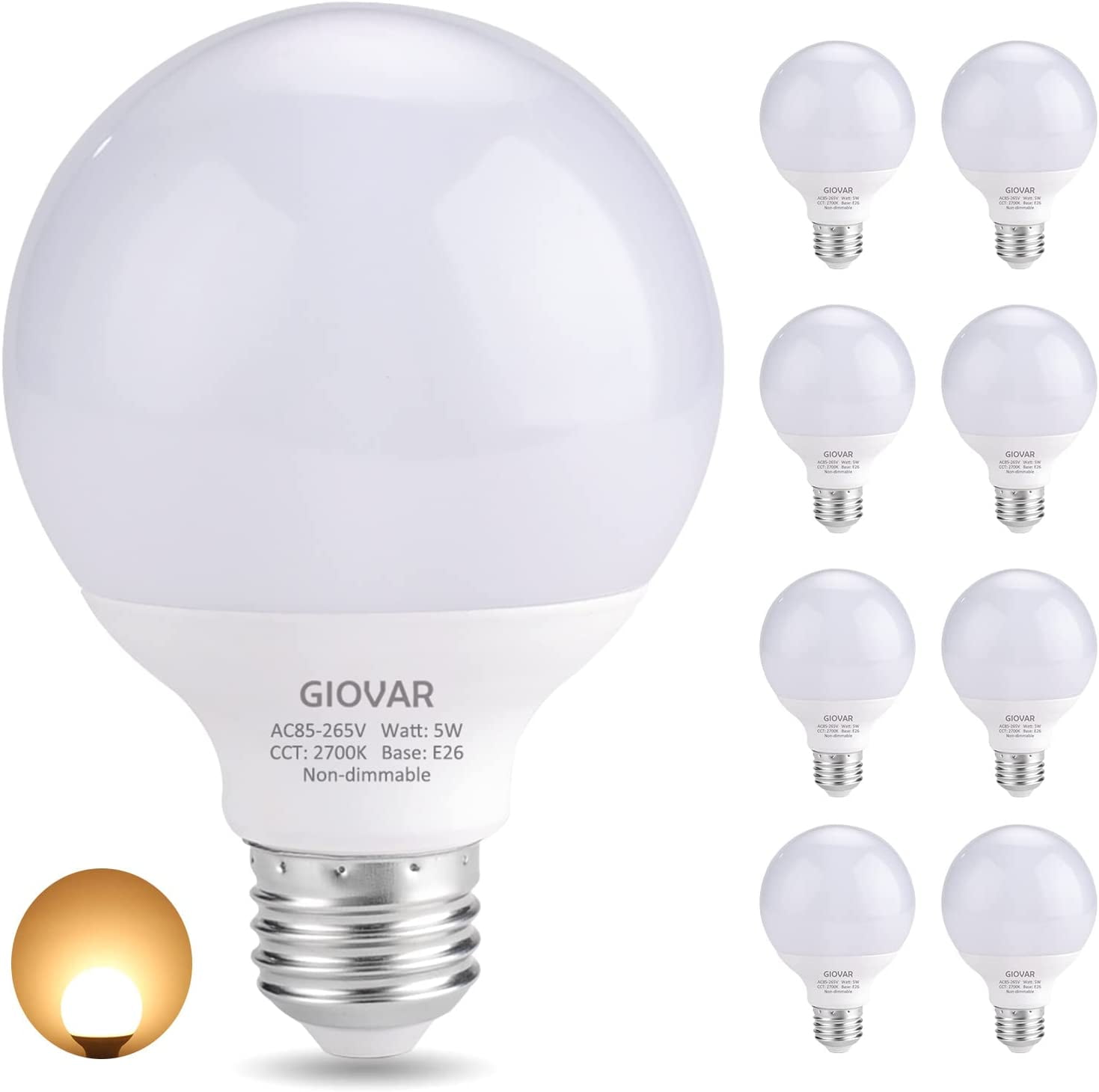 QYUN-8-Pack G25 Led Vanity Light Bulbs 120V 40 Watt Equivalent, E26 ...