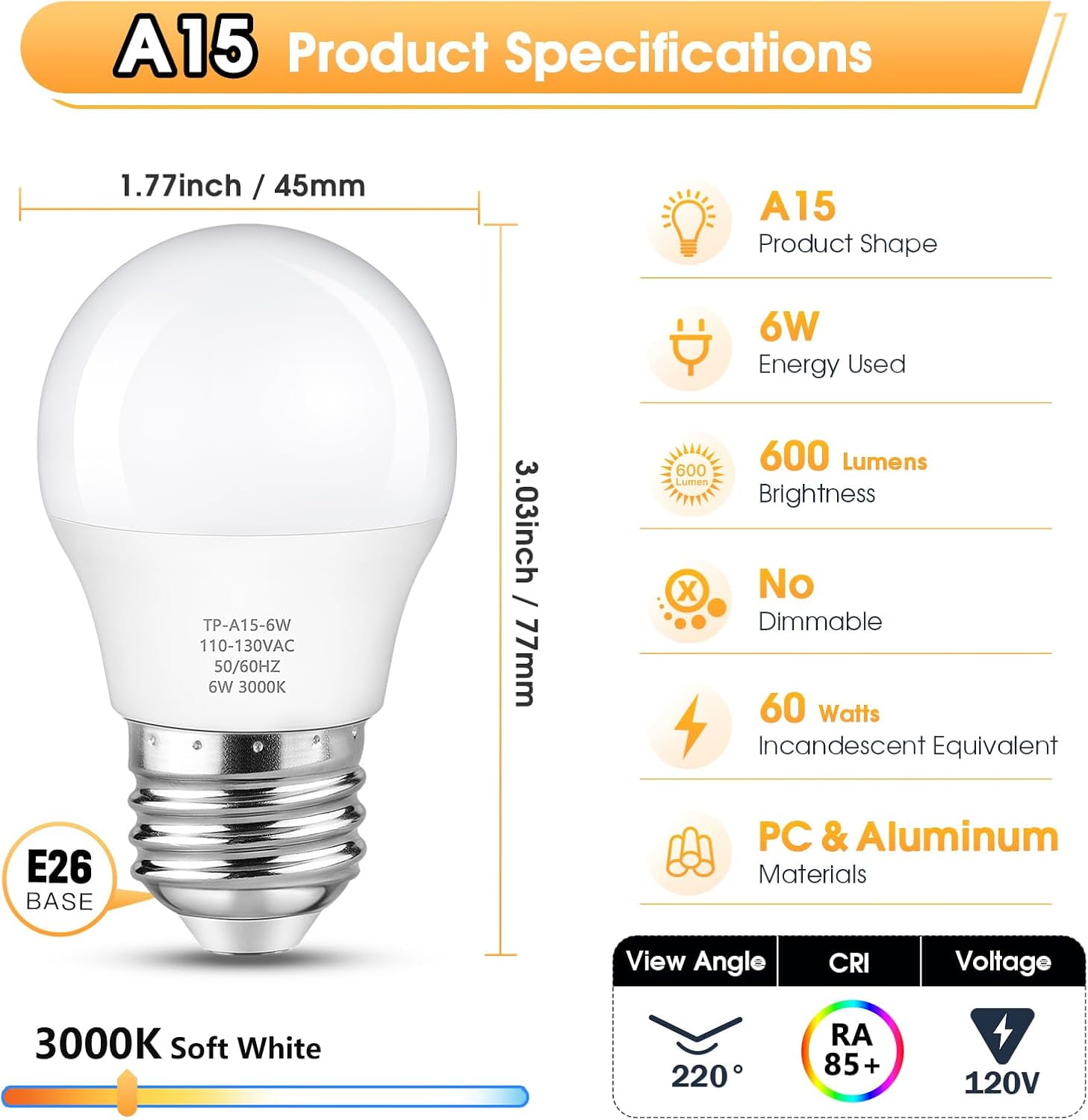 QYUN-A15 LED Light Bulb, 60 Watt Equivalent LED Bulbs, Soft White 3000K ...