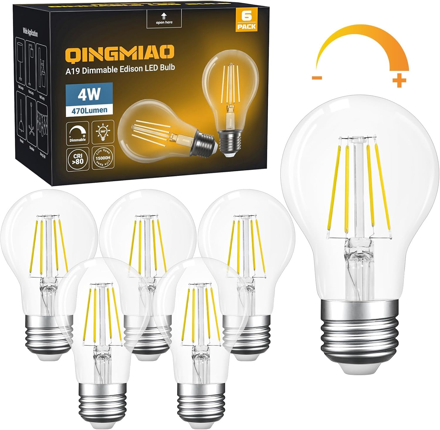 QYUN-A19 E26 Base Dimmable Edison Led Bulb, 4W(40 Watt Equivalent) Stepless Dimming Light Bulbs ...