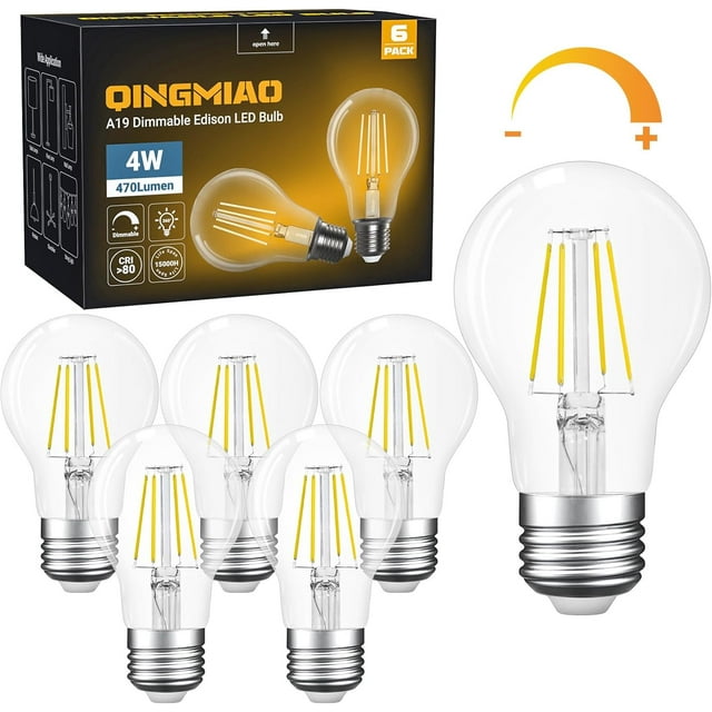 QYUN-A19 E26 Base Dimmable Edison Led Bulb, 4W(40 Watt Equivalent) Stepless Dimming Light Bulbs ...