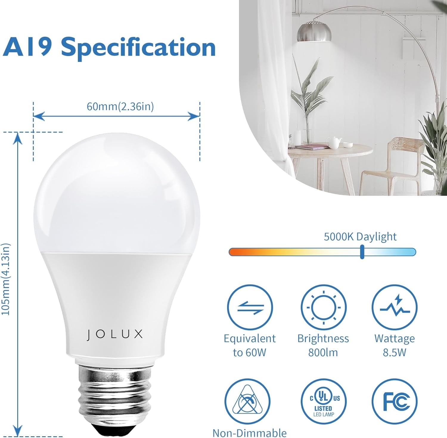 QYUN-A19 E26 led Bulb 60 watt Equivalent, Medium Screw Base Bulbs, 8.5W 5000K(Daylight), 800 ...