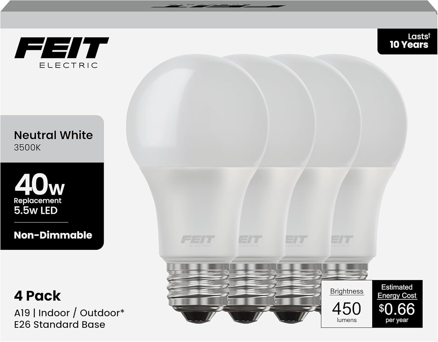 QYUN-A19 Led Light Bulb, 40-Watt Equivalent, 3500K Neutral White, E26 Base, 450 Lumens, 11,000 ...