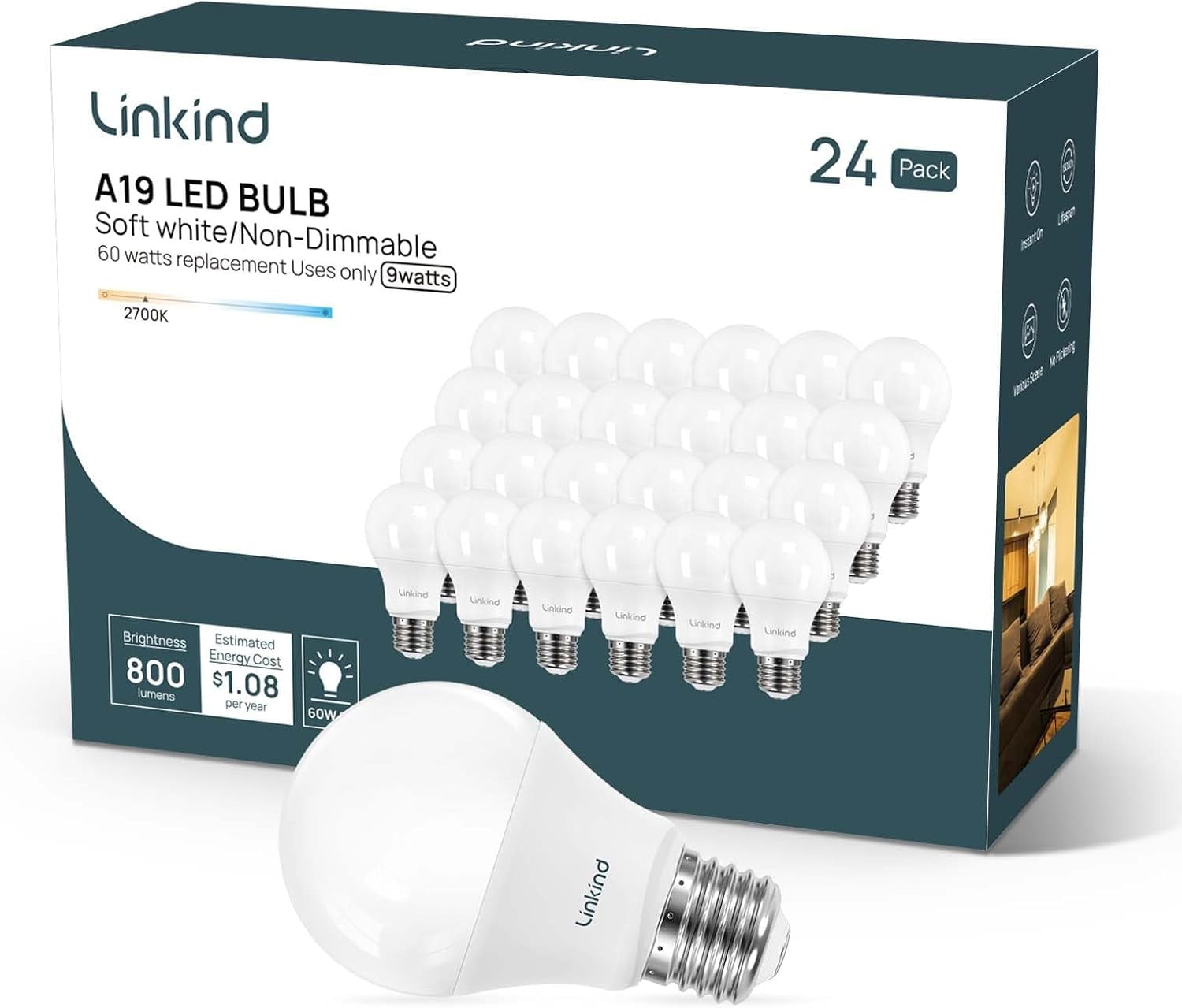 QYUN-A19 Led Light Bulb, 60W Equivalent, 9W 2700K Soft White, 800 Lumens Non-Dimmable, E26 ...