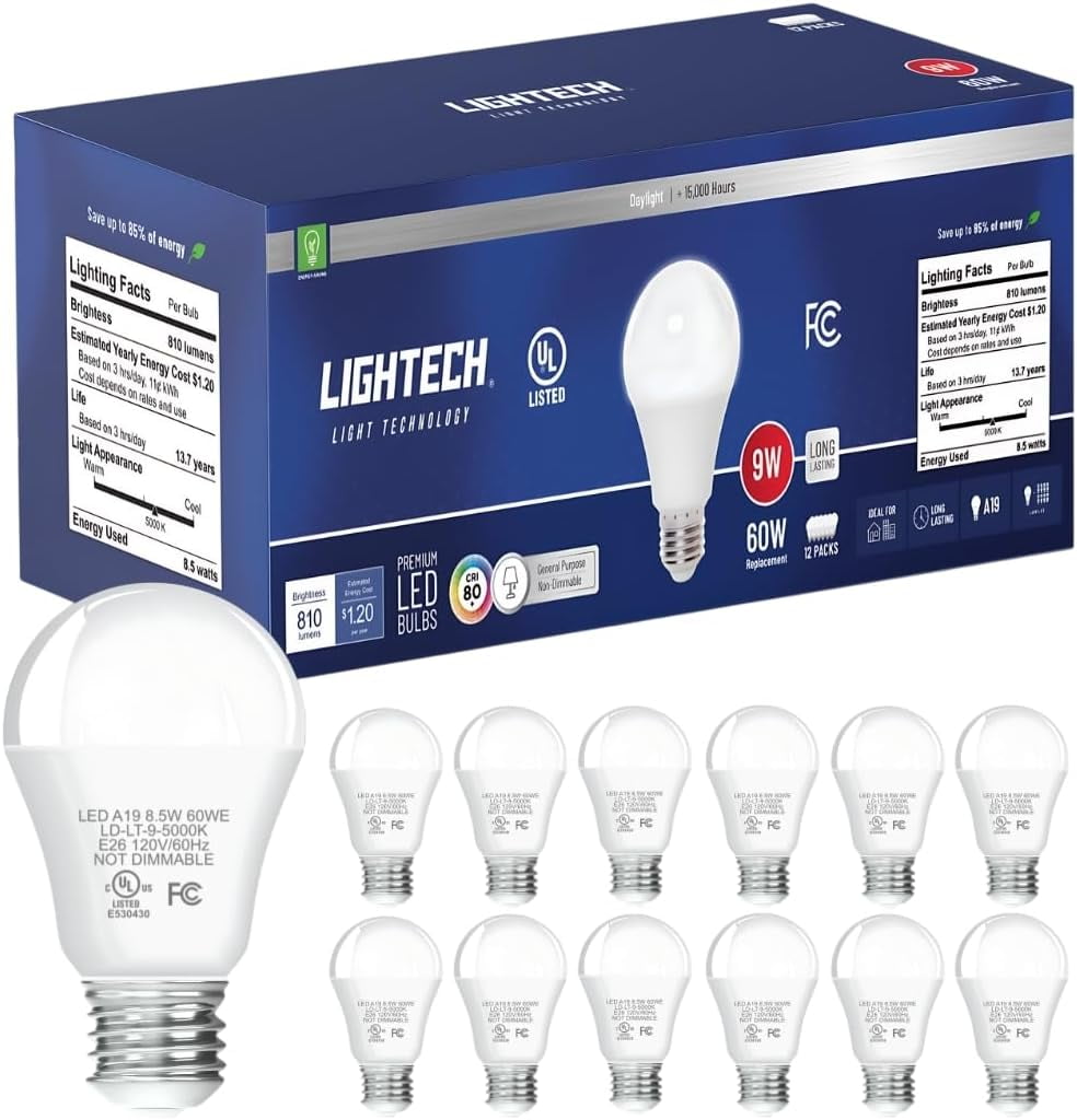 QYUN-A19 Led Light Bulbs, 12 Pack, 60W Equivalent, 9W Daylight 5000K Led Light Bulb, 810 Lm ...