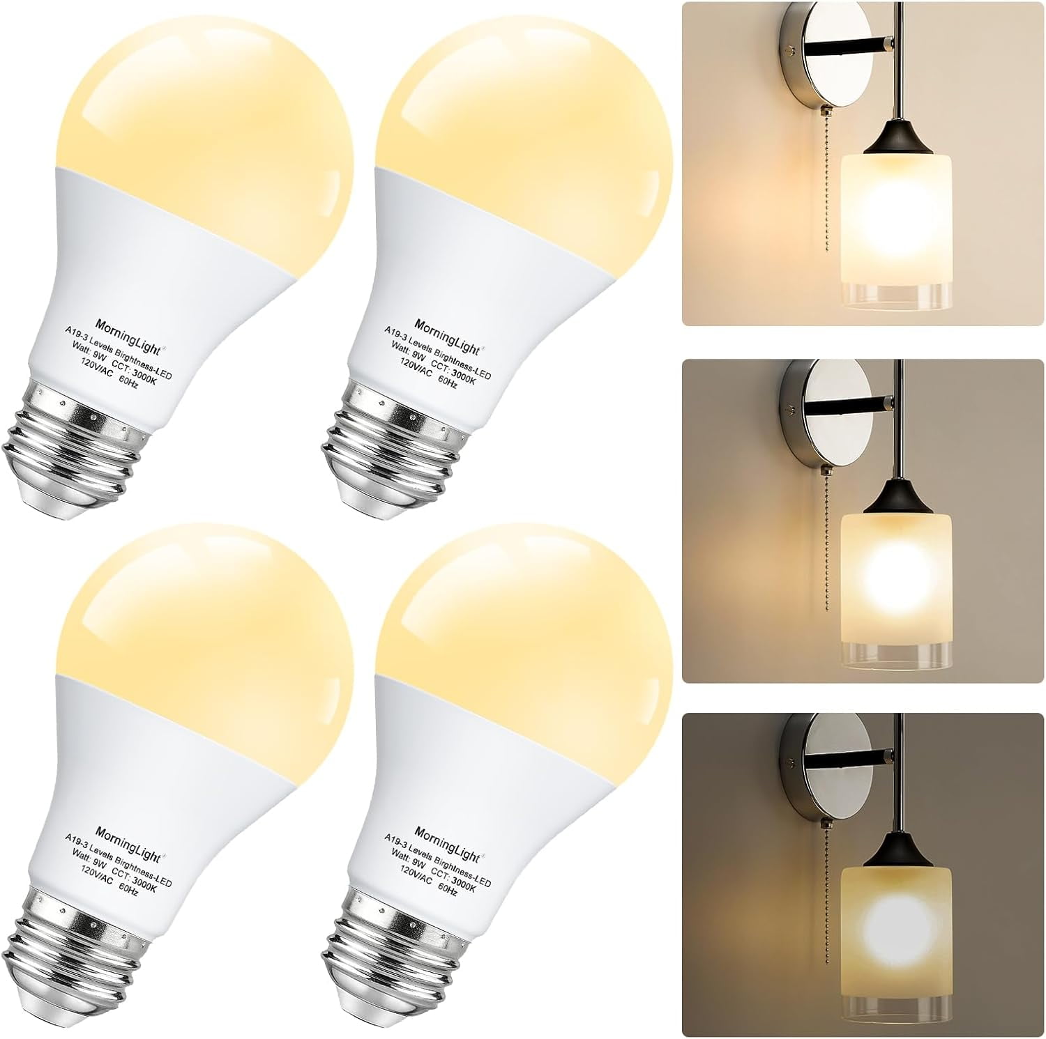 QYUN-A19 Led Light Bulbs 3000K Soft White, 9W E26 Light Bulb 3-Level Brightness(Low/Mid/High ...