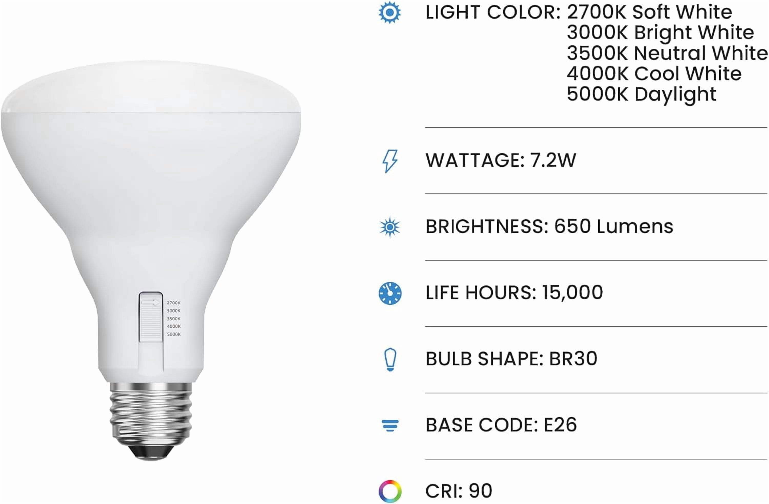 QYUN-BR30 LED Flood Light Bulb, 65W Equivalent, Dimmable, 5CCT ...