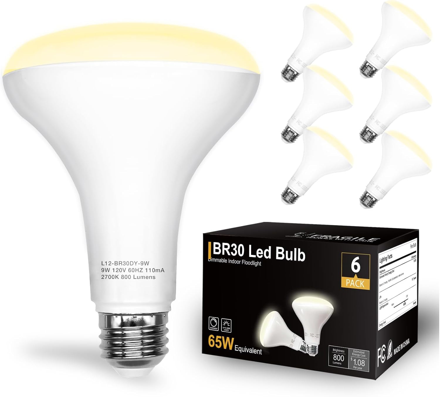 QYUN-Br30 Led Light Bulb 65W Equivalent, Dimmable Br30 Led Recessed Light Bulb, 2700K Warm White ...