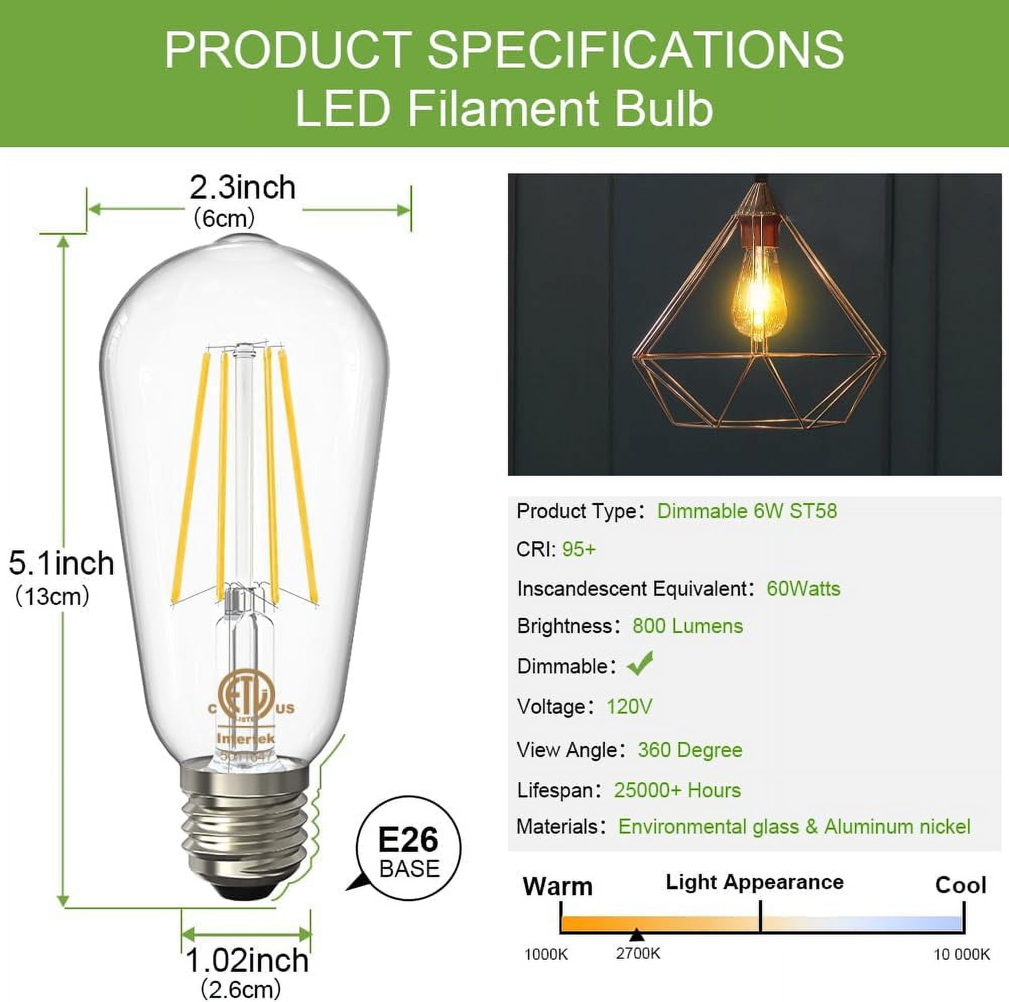 QYUN-Dimmable Vintage LED Edison Bulbs, 60W Equivalent, Warm White 2700K, 800LM, E26 Base, ETL ...