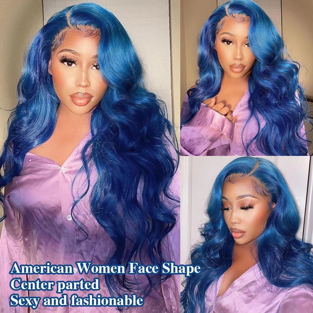 FGERFE-Blue wig Long Wavy Wigs for Women 26 Inch Middle Part Curly Wavy ...