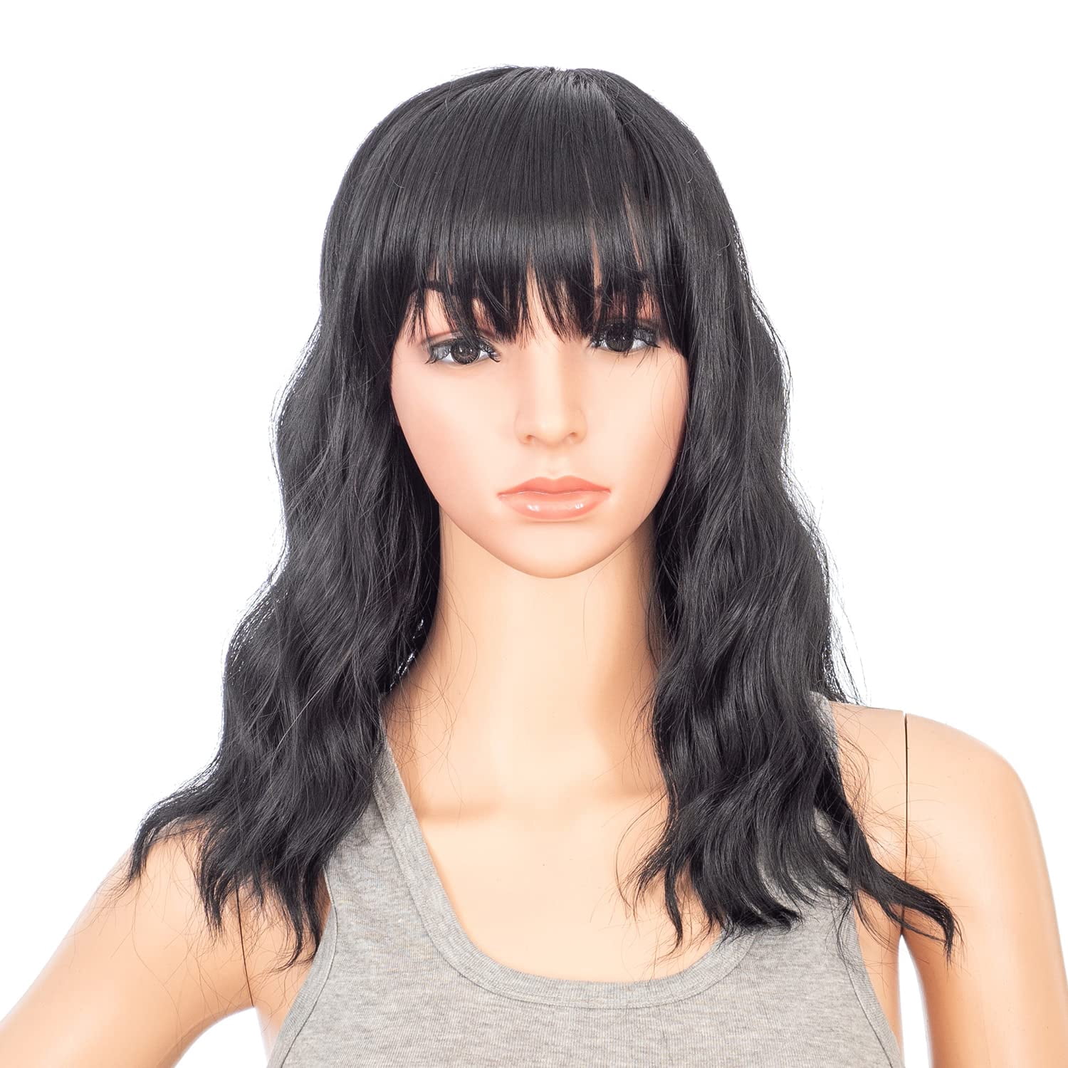 FGERFE-Short Curly Wavy Bob Wig with Bangs Synthetic Medium Shoulder ...
