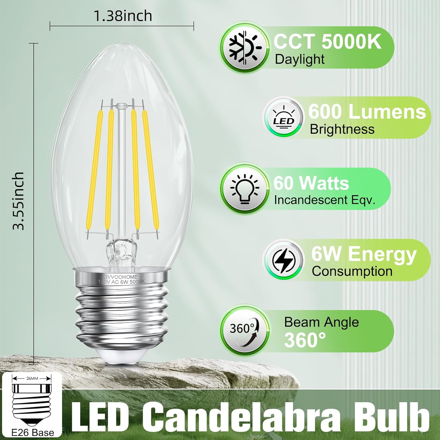 QYUN-E26 Base Candelabra LED Light Bulbs 5000K Daylight, 6W, 60 watt ...