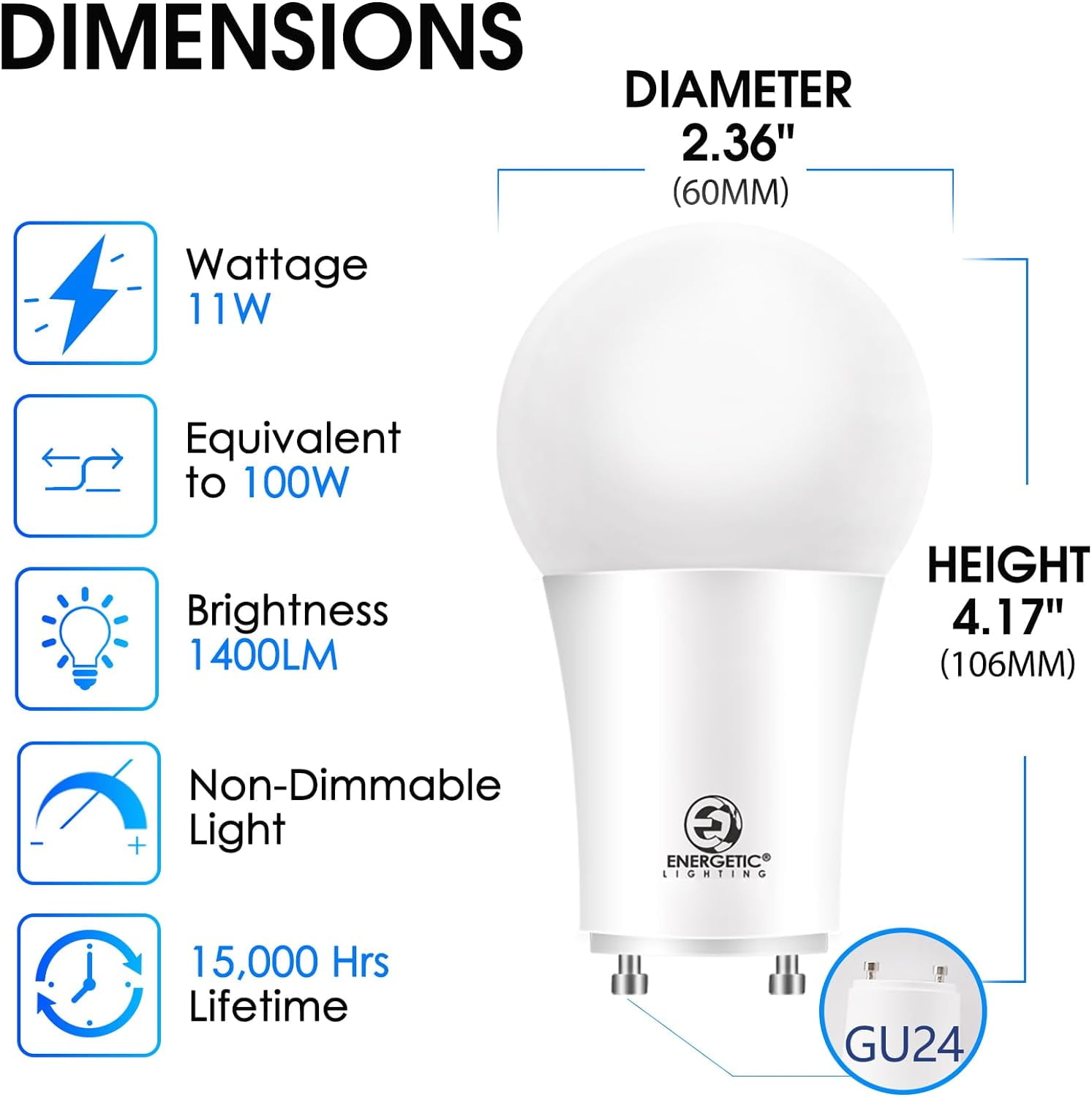 QYUN-Energetic LED GU24 Light Bulb, A19 Shape 100 Watt Equivalent (11W ...