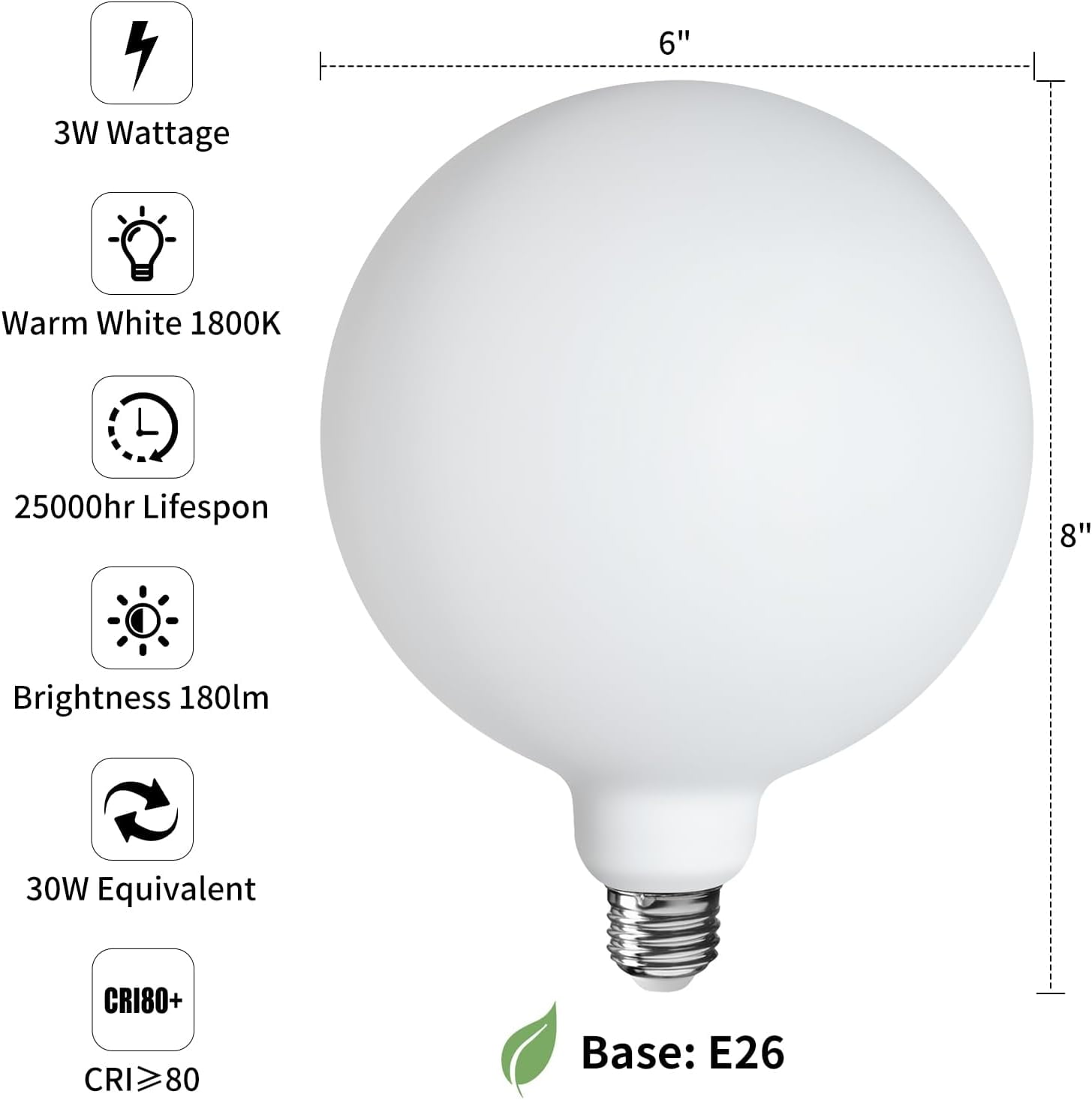 QYUN-G150 Globe LED Bulb Matte White, E26 Glass LED Filament Light Bulb ...