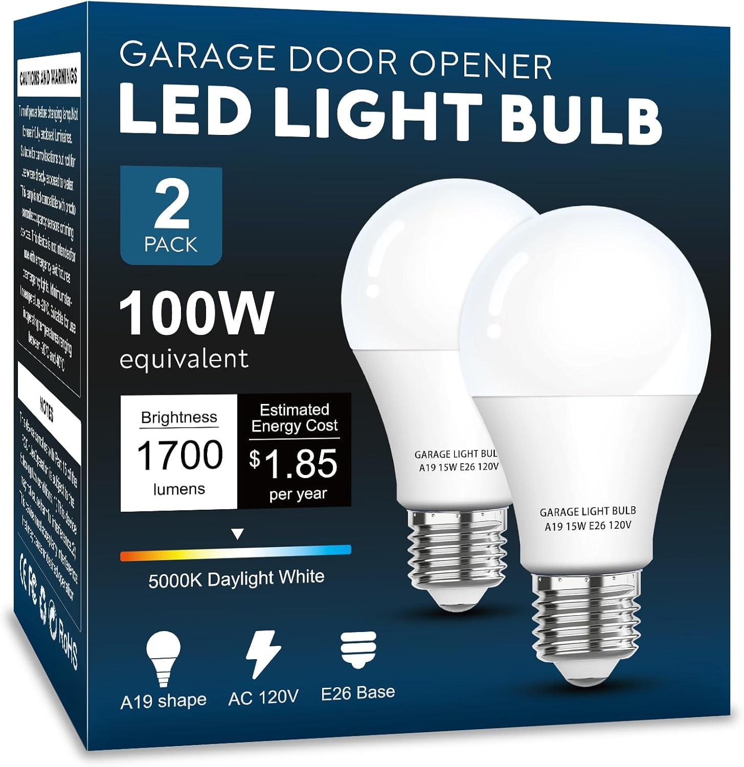QYUN-Garage Door Opener Led Light Bulb 2 Pack，15W Equivalent To 100W Garage Light Bulb,A19 5000K ...