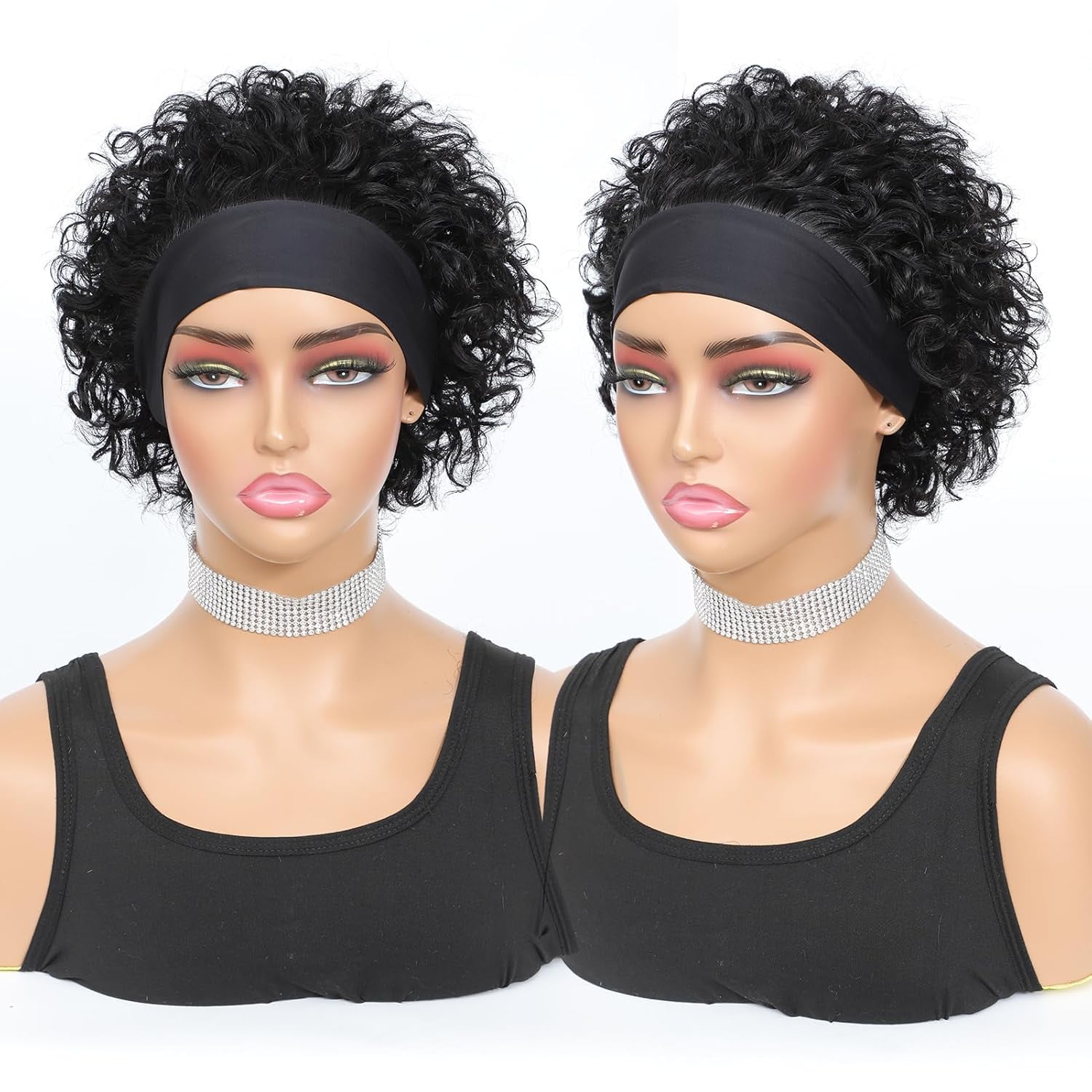 FGERFE-Headband Wig Human Hair Curly Wave Wig Pixie Cut Curly Wig Put ...