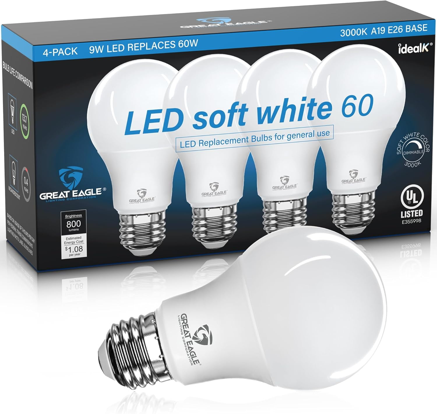 QYUN-Great Eagle A19 Led Light Bulb, 9W (60W Equivalent), Ul Listed ...