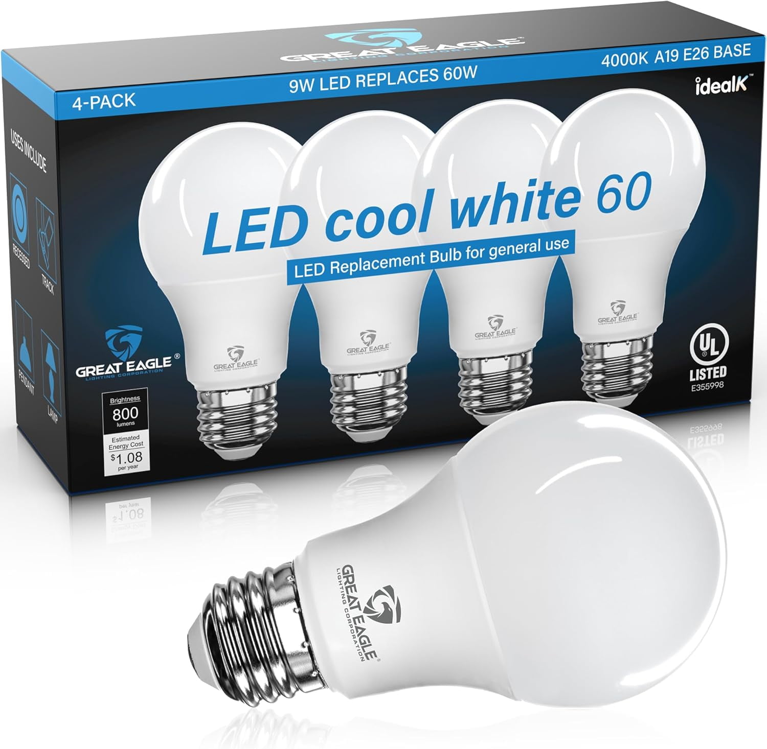 QYUN-Great Eagle A19 Led Light Bulbs 60 Watt Equivalent - Ul Listed ...