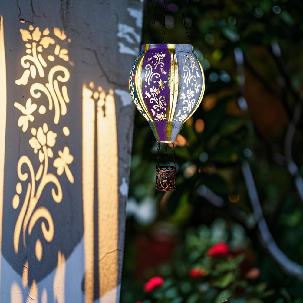 QYUN-Hot Air Balloon Solar Lantern With Flower Projection Metal Outdoor ...