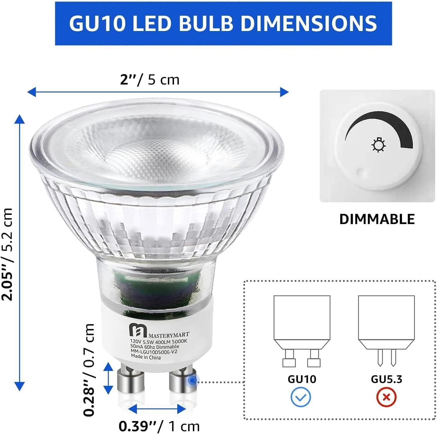 QYUN-LED GU10 Spotlight Light Bulbs, 50 Watt Equivalent, 5.5W Dimmable ...