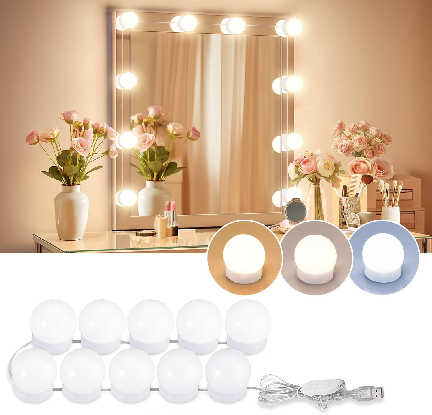 QYUN-Led Vanity Lights For Mirror, Hollywood Style With 10 Dimmable ...