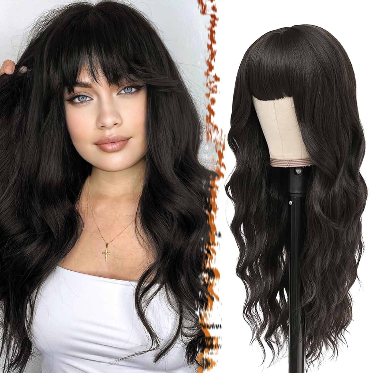 QYUN-Long Dark Brown Wigs With Bangs For Women - 26 Inch Long Wavy Wig ...