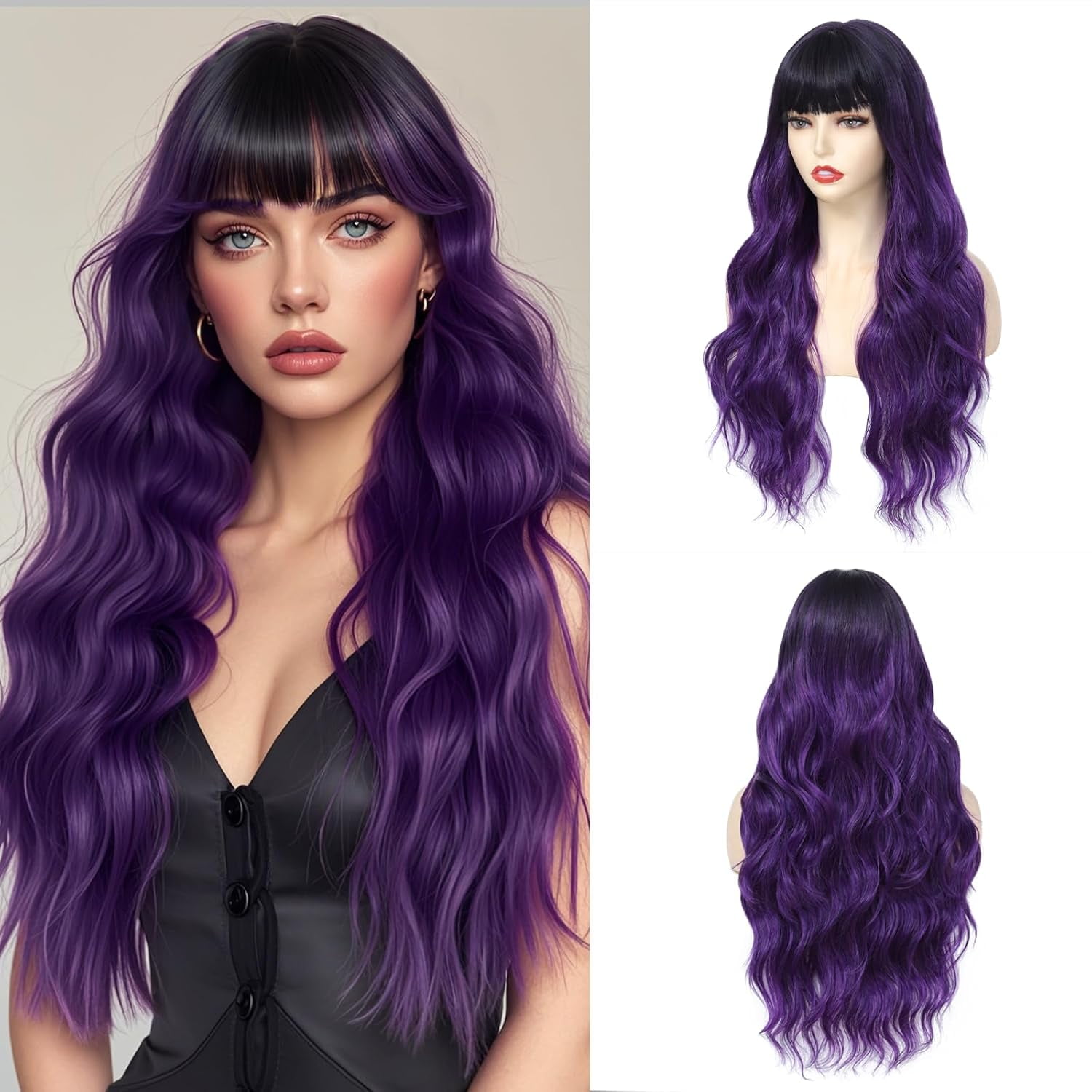 QYUN-Long Purple Wavy Wig With Bangs For Women 26 Inch Curly Wavy Wig ...