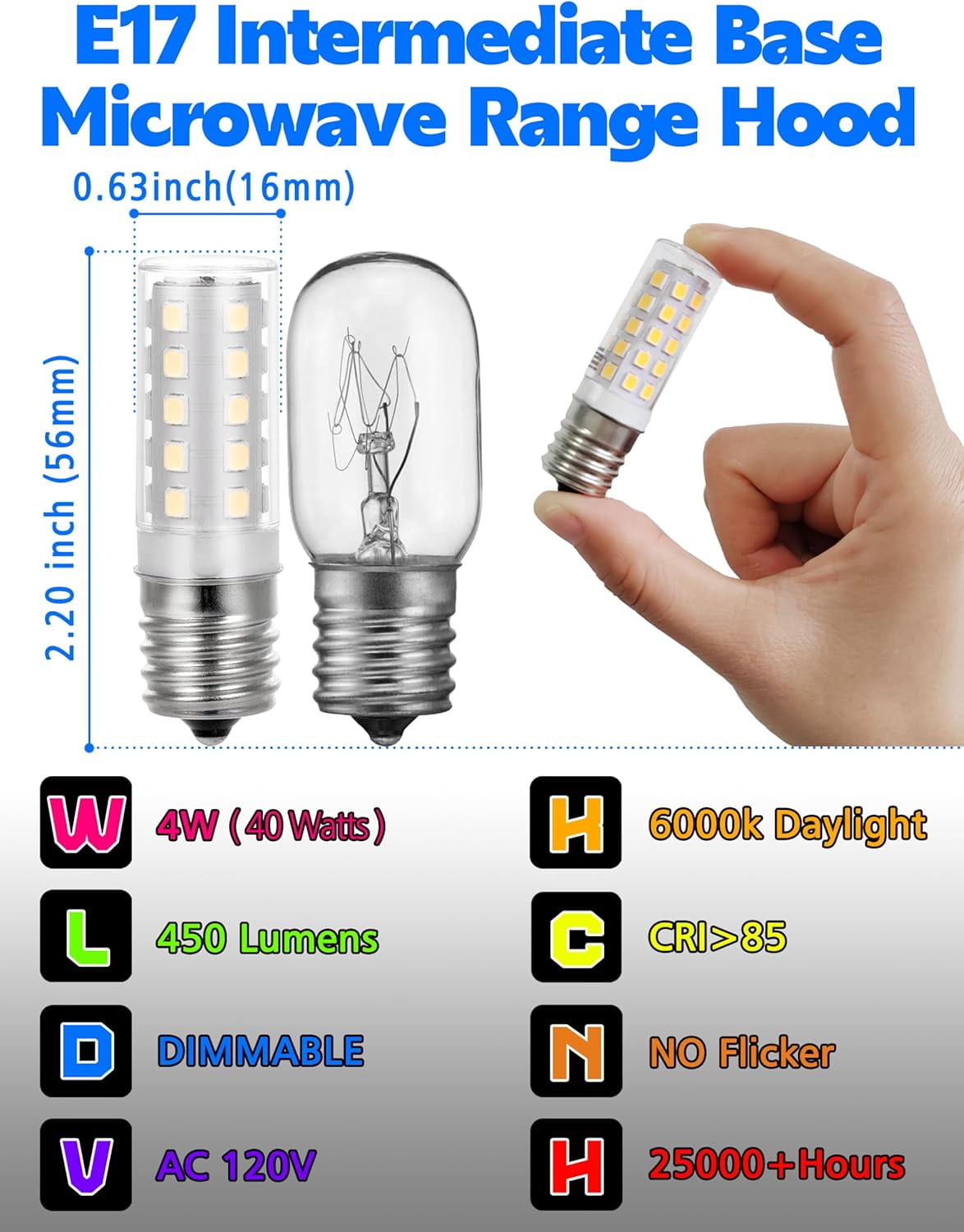 QYUN-Microwave Oven Stove Bulb,125v 4W 450LM E17 LED Dimmable Under Hood Microwave Bulb 40W ...