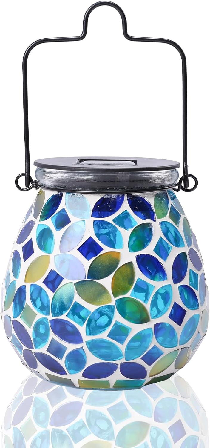 QYUN-Mosaic Solar Lanterns Outdoor - Glass Hanging Solar Lights Hollow ...