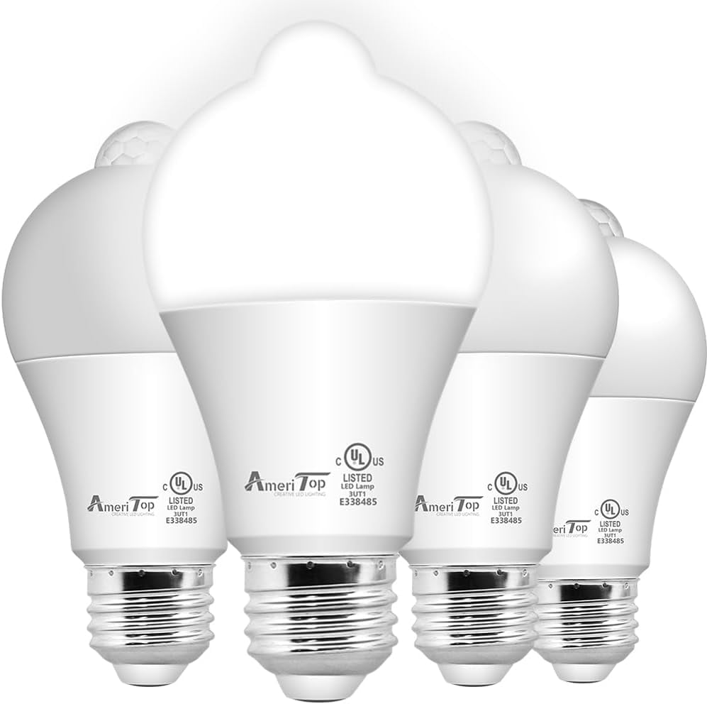 QYUN-Motion Sensor Light Bulb- 4 Pack, 10W(60W Equivalent) 806Lm Motion Activated Dusk To Dawn ...
