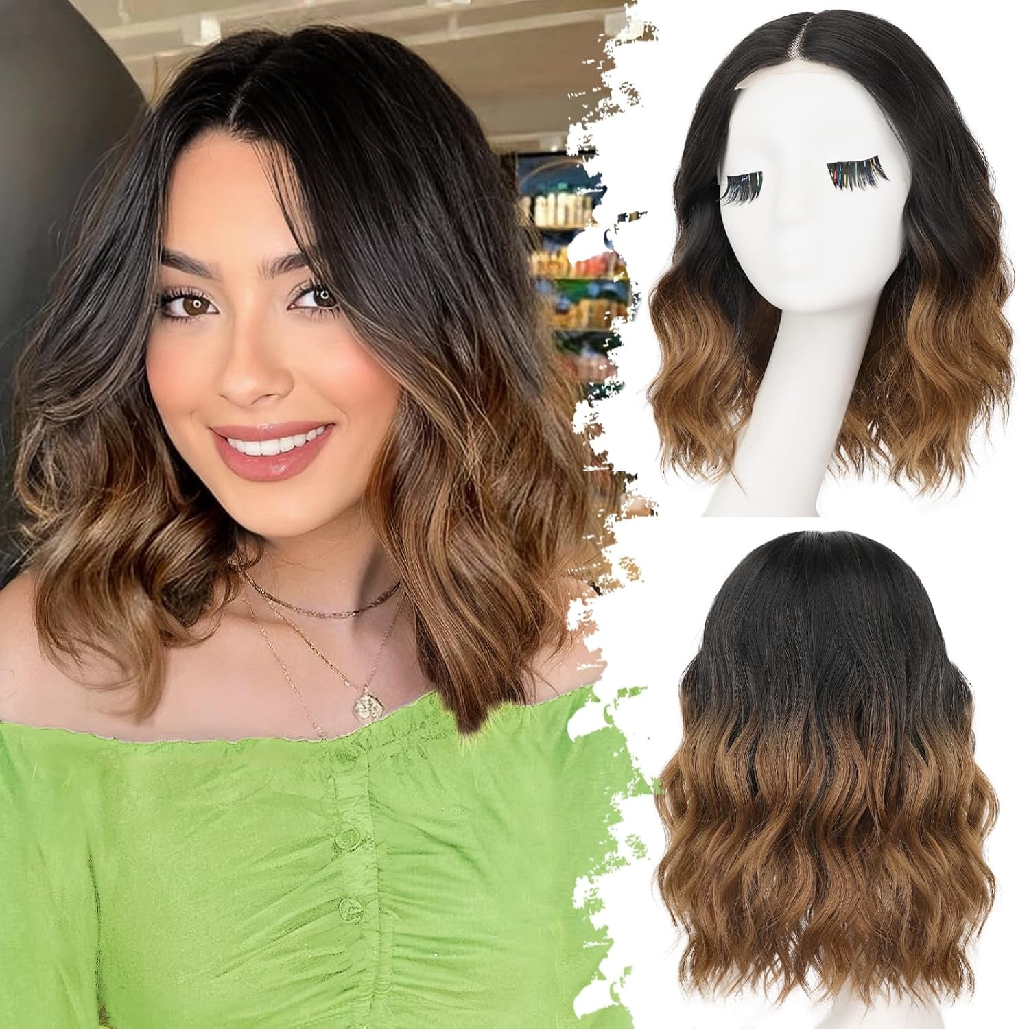 QYUN-Ombre Brown Short Wavy Wig For Women Lace Hairline Bob Style ...