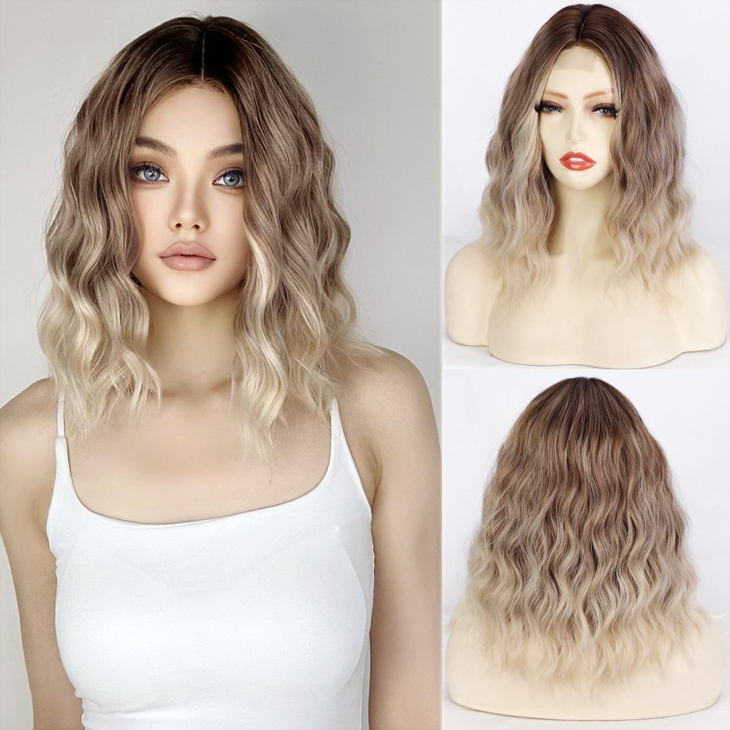 QYUN-Short Blonde Wig For Women - 14 Inch Wavy Middle Part Wig - Blonde ...