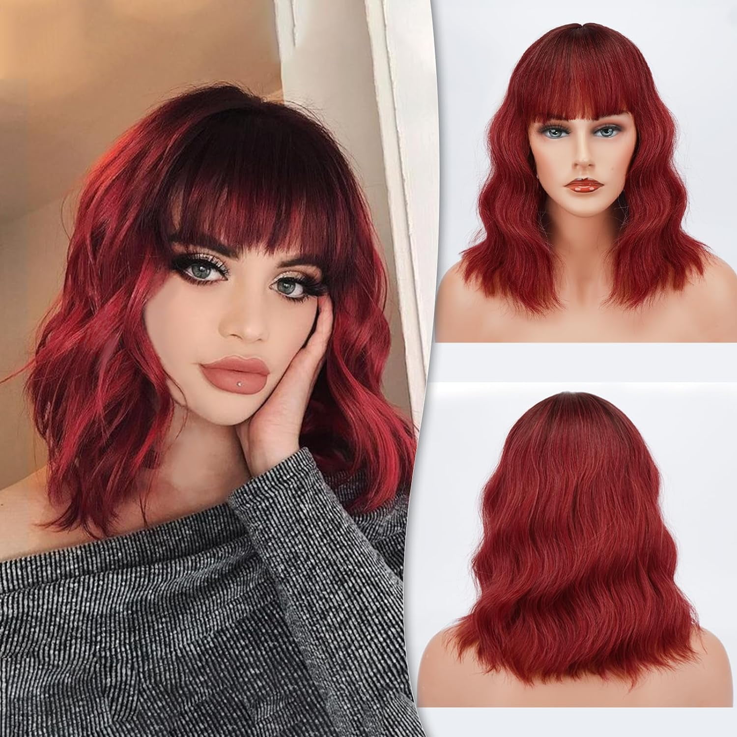 QYUN-Short Wavy Ombre Red Wig With Bangs - 14 Inch Short Wavy Bob Wig ...