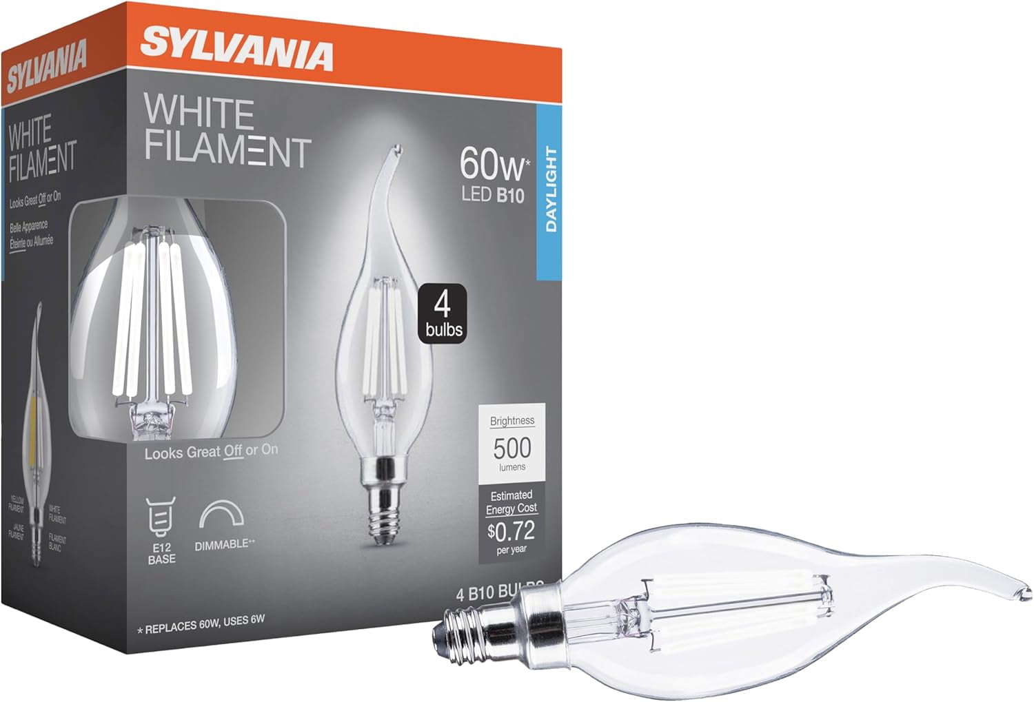 QYUN-Sylvania B10 Clear Led White Filament Bulb, 6W, Dimmable, 500 Lms ...
