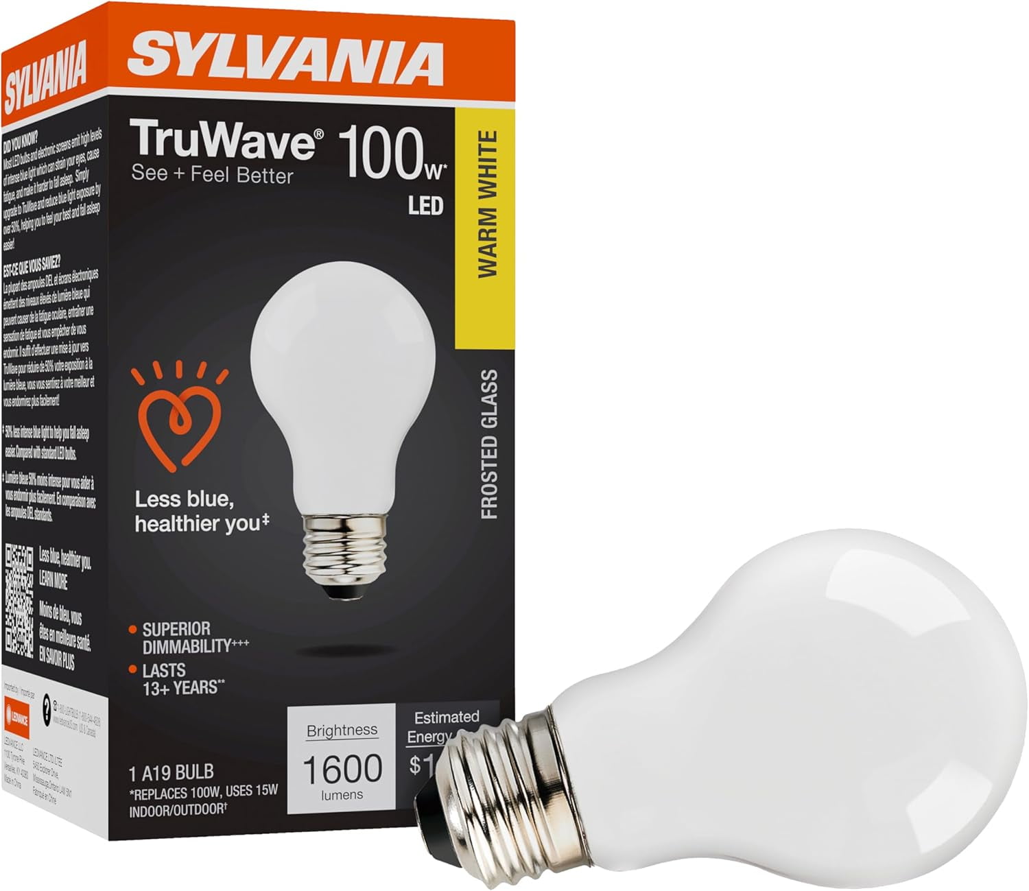 QYUN-Sylvania Led Truwave Natural Series A19 Light Bulb, 100W Equivalent, Efficient 15W, 1600 ...