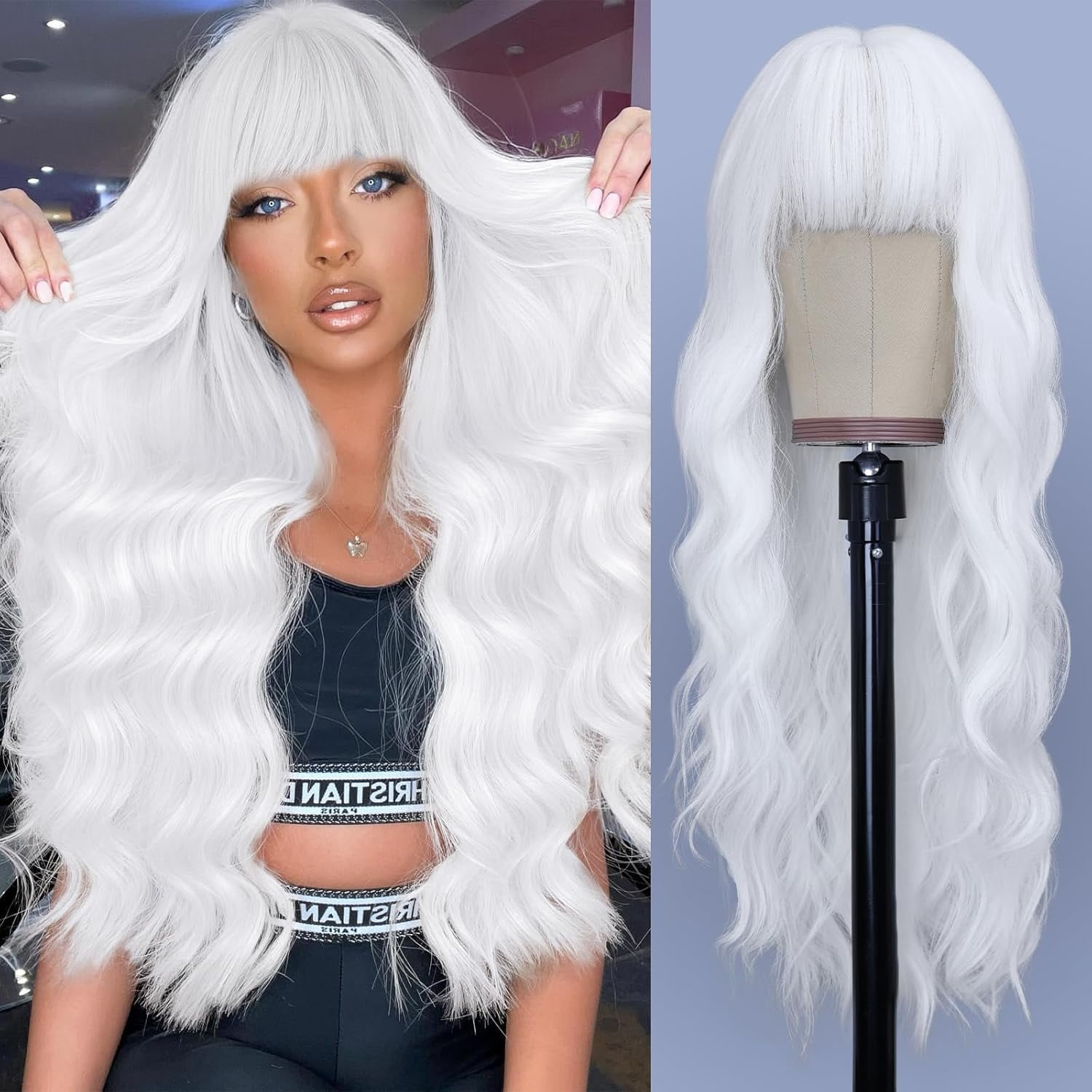 QYUN-White Wigs With Bangs - Long Curly Wavy Synthetic Fiber Wigs ...