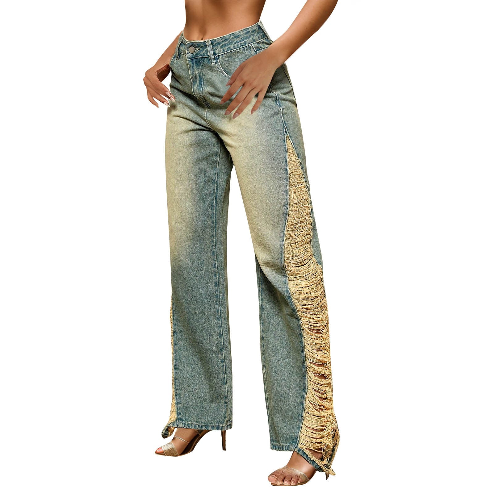 QYZEU Jeans for Women Trendy Stretch Long Distressed Boot Cut Side ...