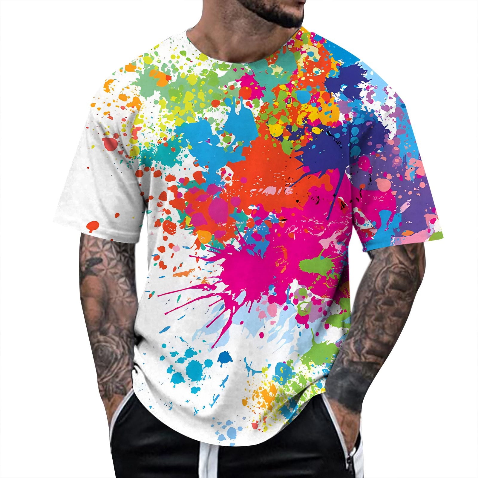 QYZEU Mens T-Shirt Color Block Print Short Sleeve Round Neck T Shirt ...
