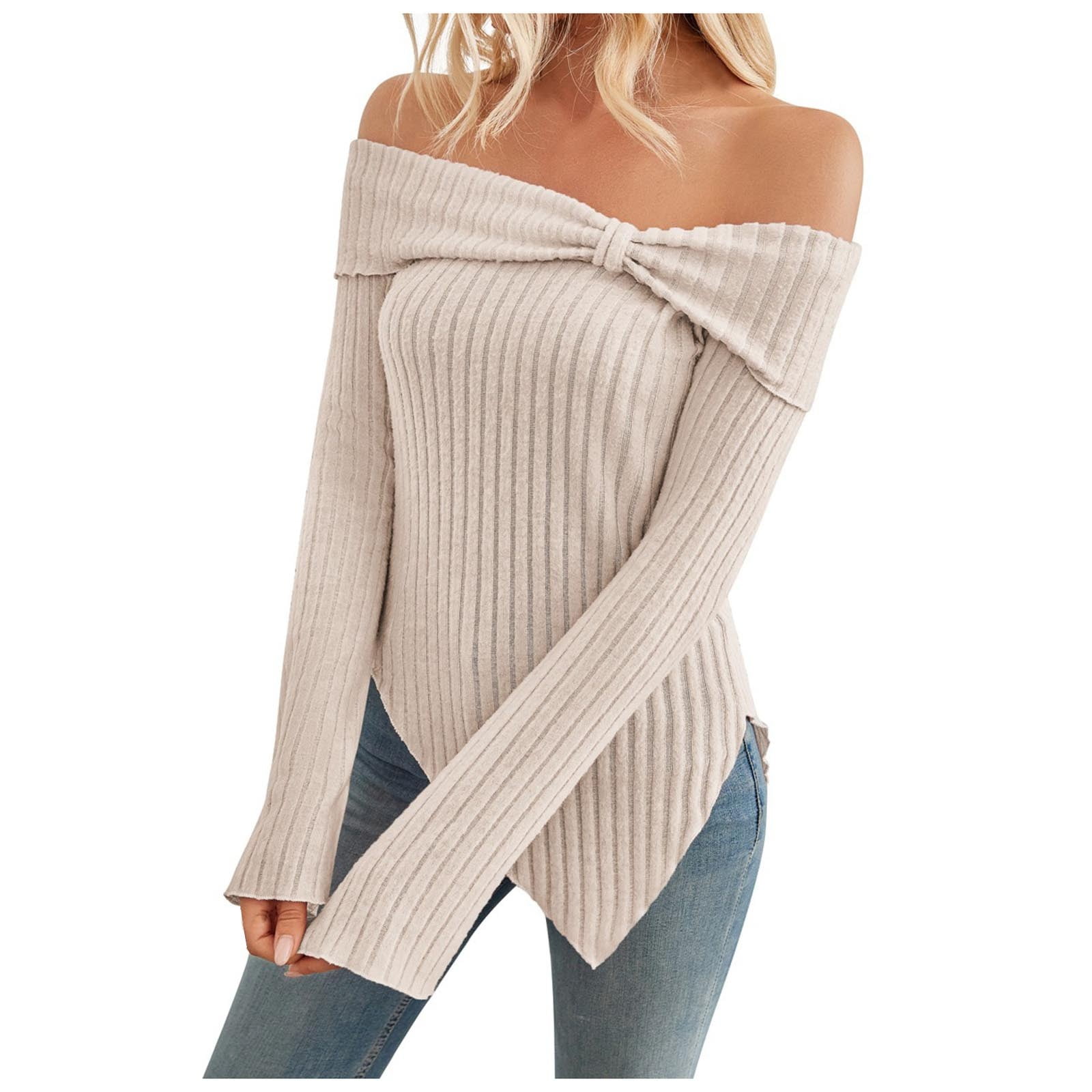 QYZEU Sweaters for Women Off Shoulder Long Sleeve Knit Sweaters Boat ...